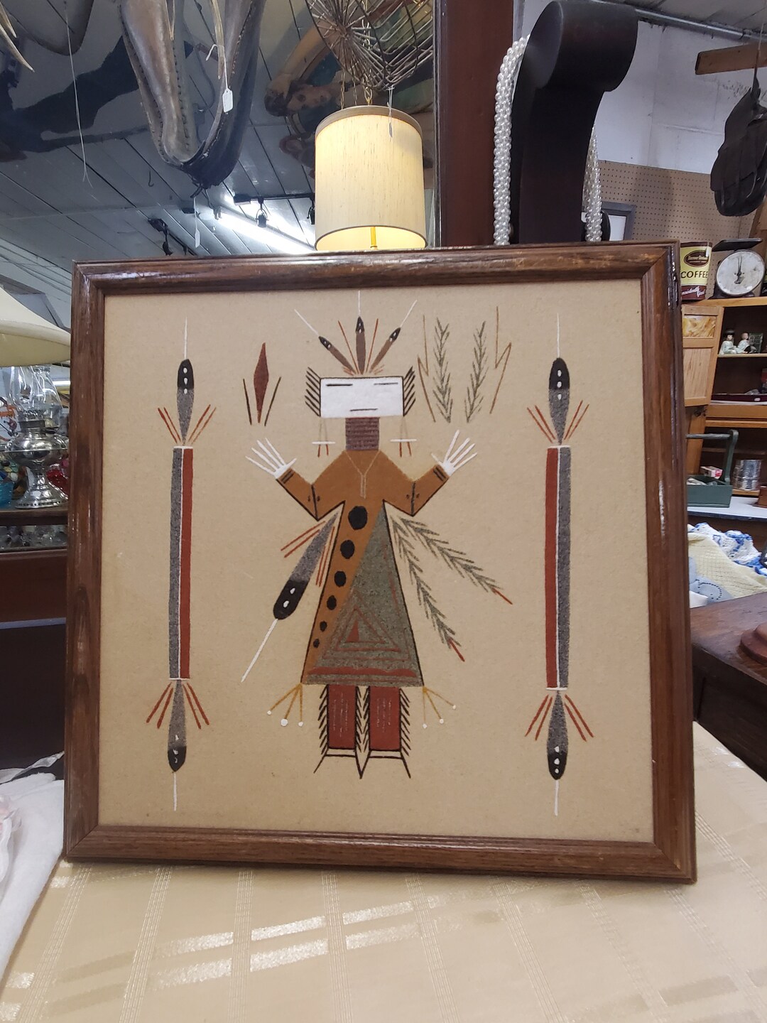 Framed Navajo Sand Painting Female Girl With Twirling Log and Rainbows ...