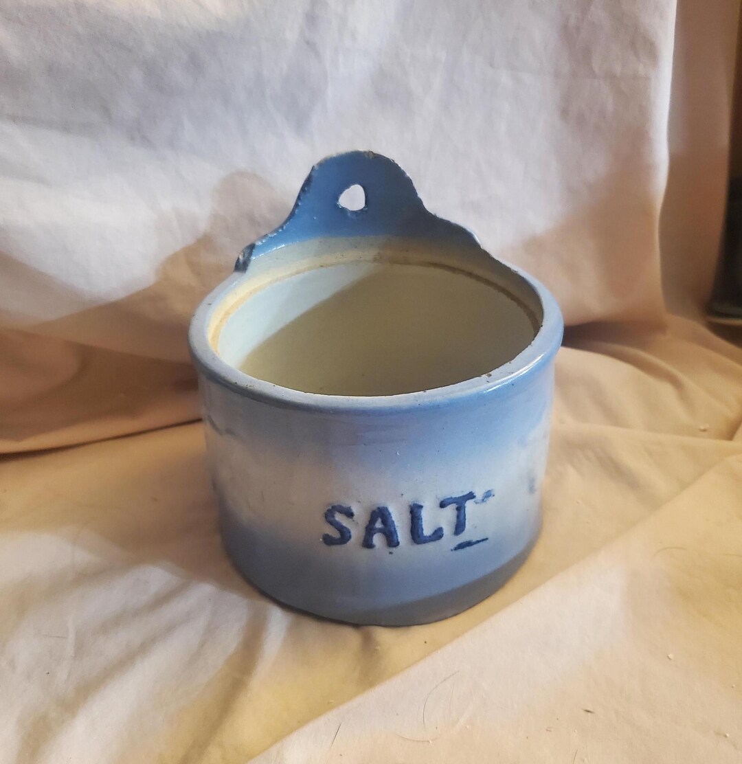Ceramic Blue and White Salt Container, Grape Design, Stoneware Hanging ...