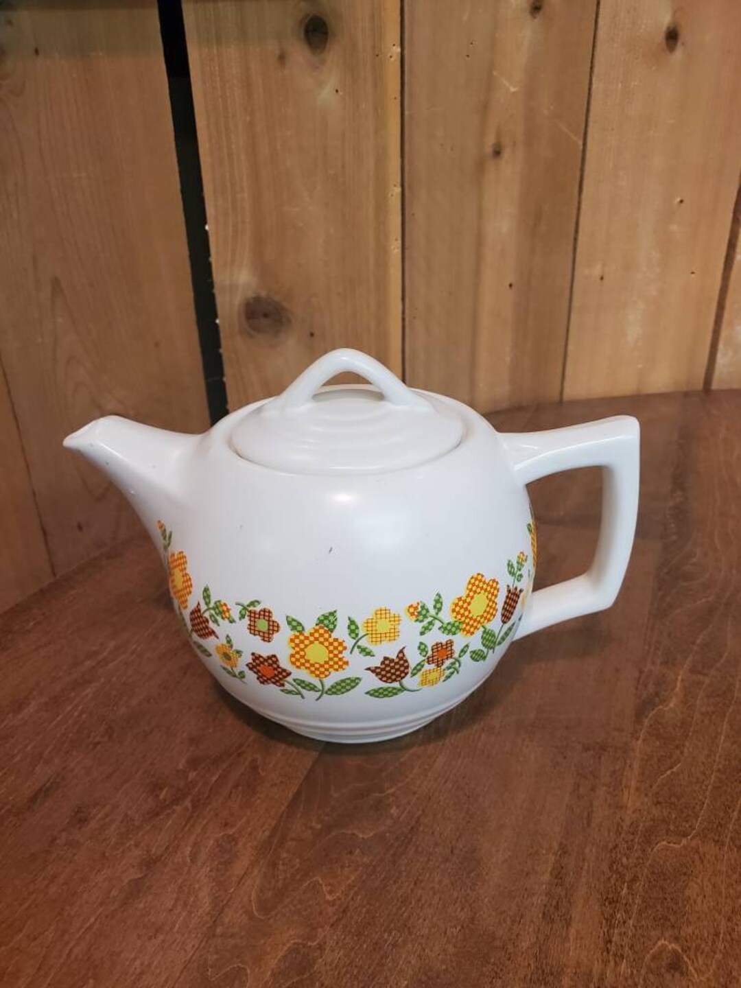 1970s, Mccoy Pottery, Gingham Flower Teapot, Orange, Brown and Yellow ...