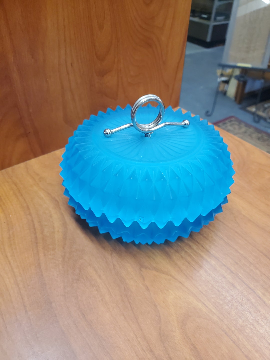Bright Blue Diamond Point Covered Point Glass Dish With Metal Holder ...