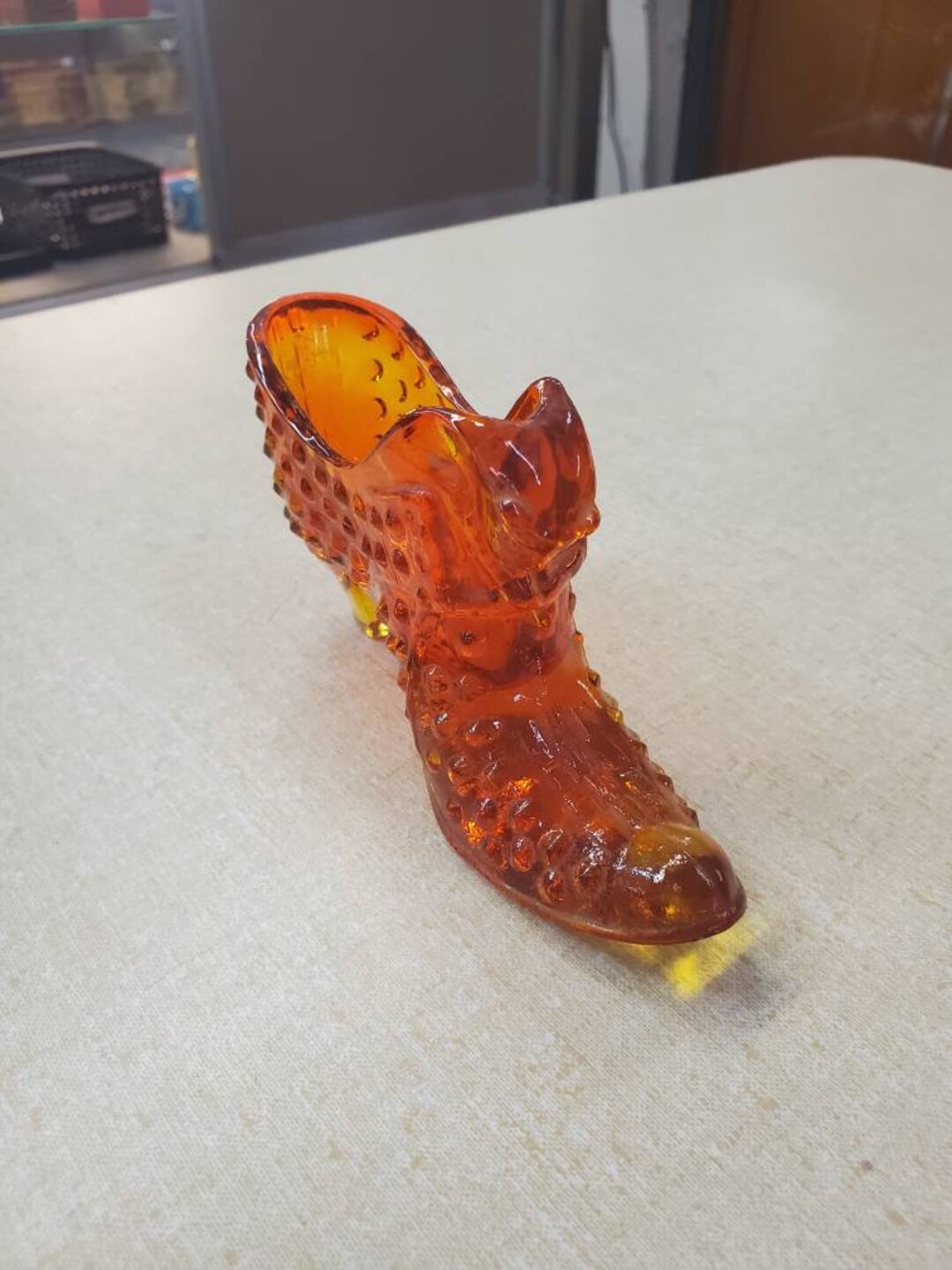 Signed Fenton Glass, Amberina Shoe With Cat Face, Hobnail Design ...
