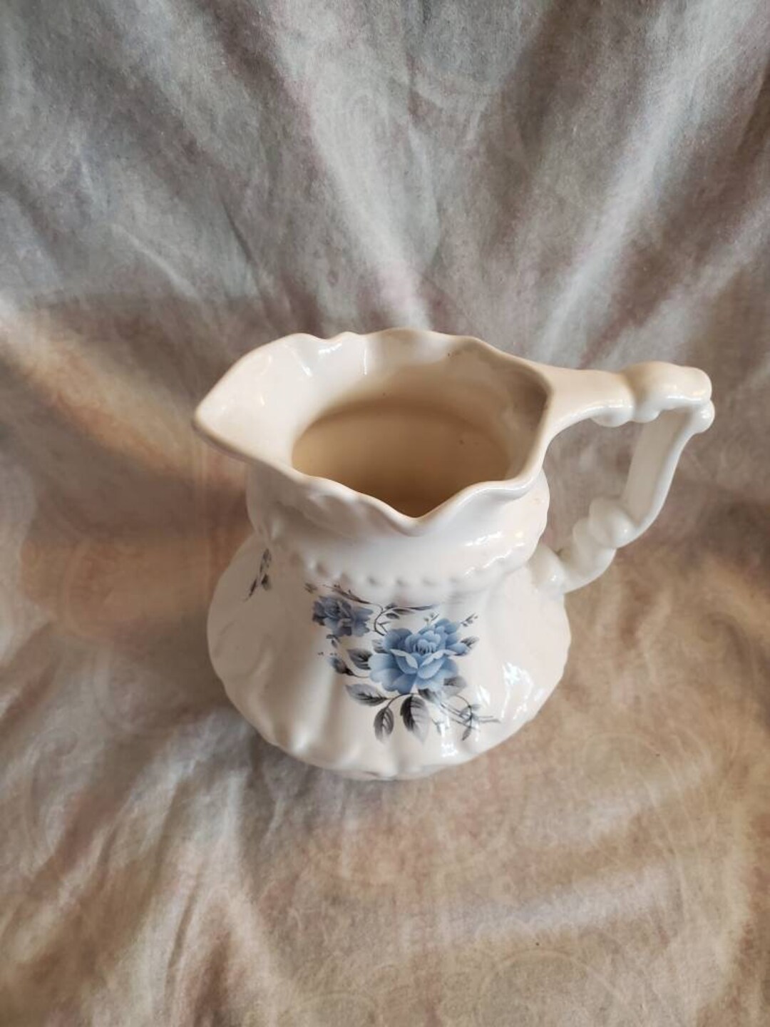 French White Pitcher With Blue Roses Ruffled and Ribbed Design, Ceramic ...