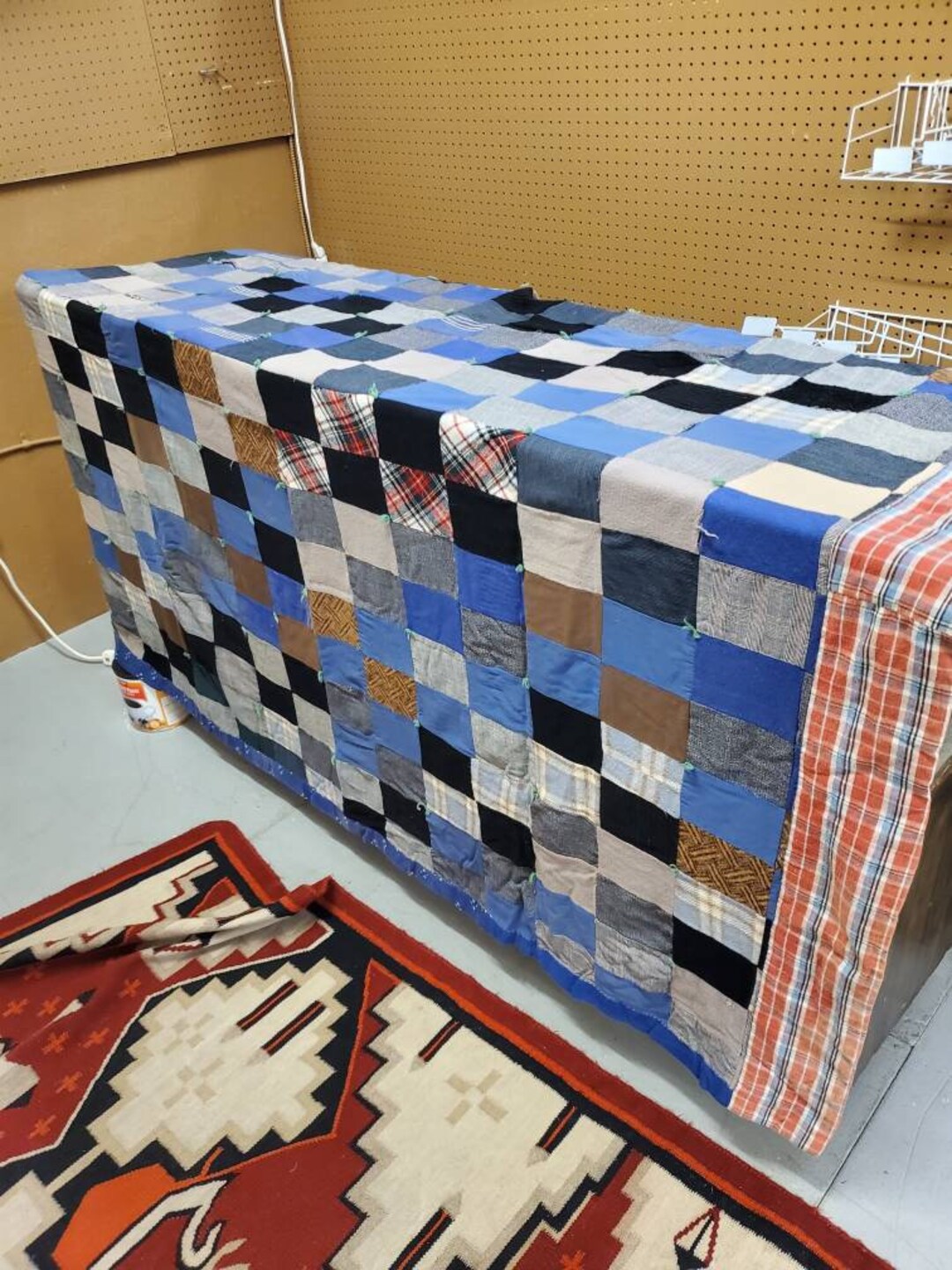 Handmade, 82" by 66", Denim and Flannel, Checkerboard Fabric, Tied ...