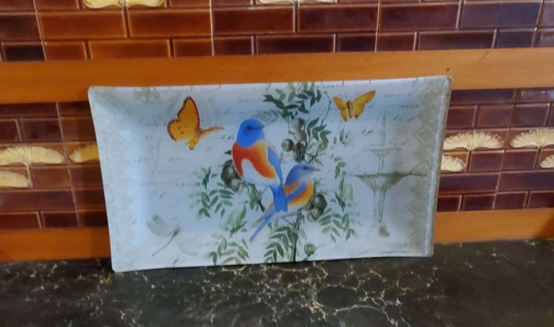 Fused Glass,rare Find, Rectangular Glass Tray With Bird and Butterfly ...