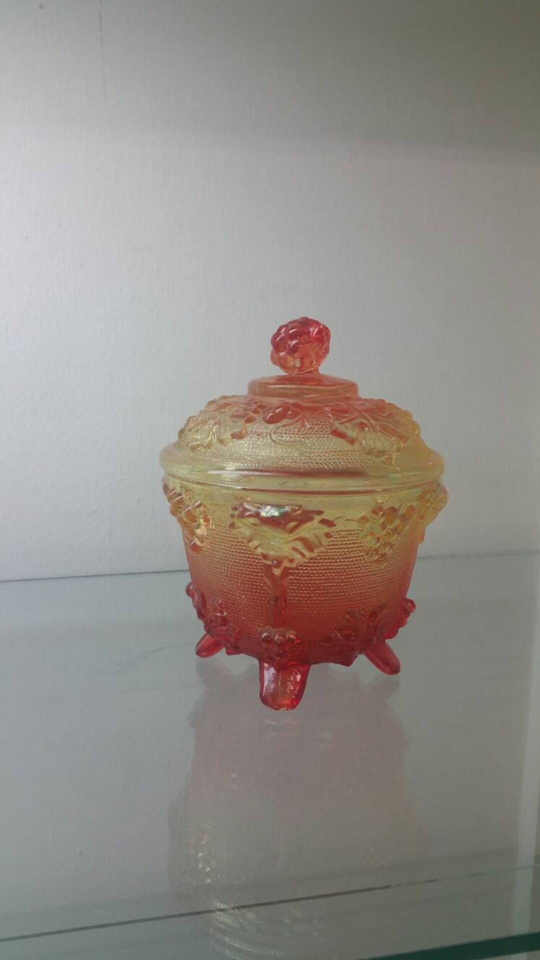 Goofus Glass, Footed Covered Bowl With Red, Pink and Yellow or Amberina ...