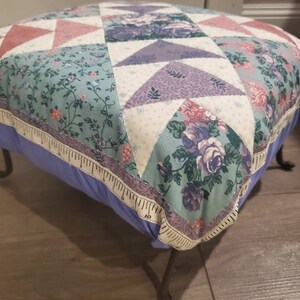 Upcycled Triangle and Floral Fabric Cotton Quilt, Square Foot Stool or ...
