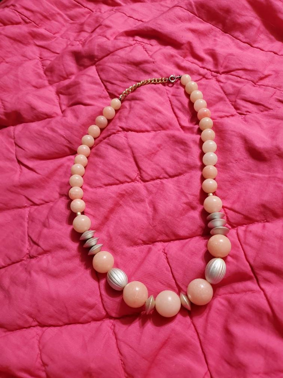 Frosted Peach and White Plastic Bead, 20 Inch Expanding Beaded Necklace ...