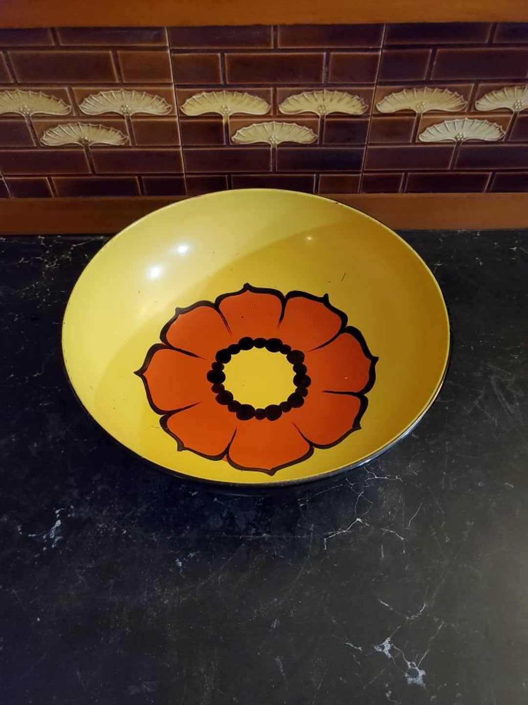 Black Lacquerware, 10 Inch Bowl With Orange Flower Design, Yellow ...