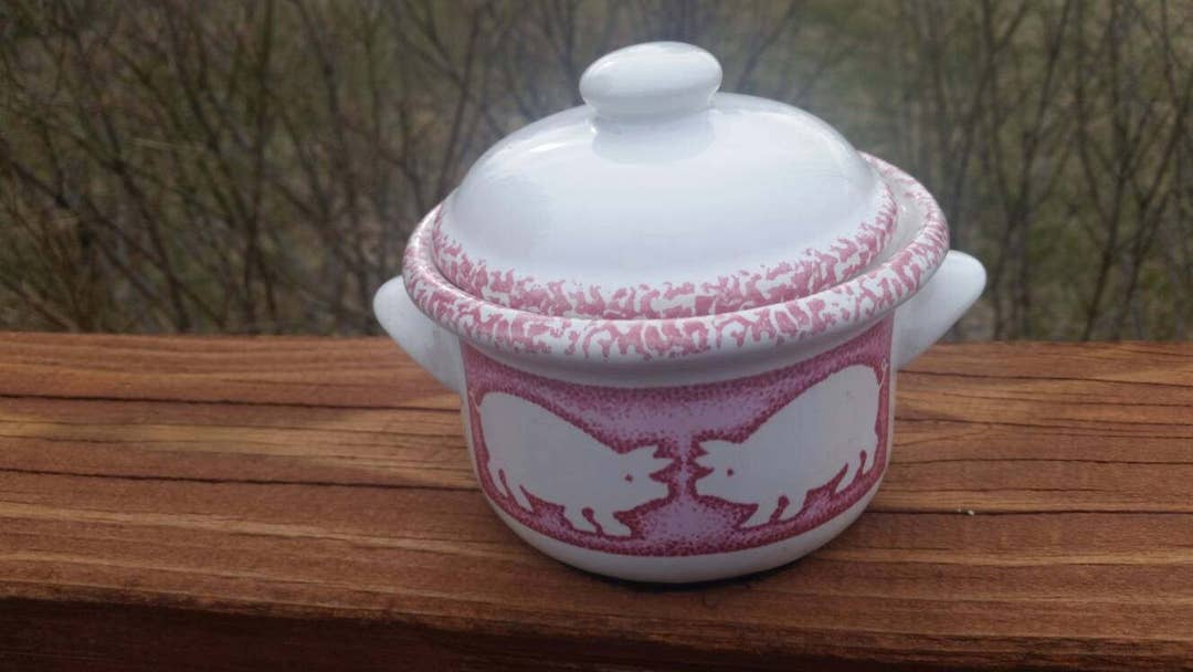 Sponge Ware Small White and Pink Pig Bean Pot or Single Serving ...