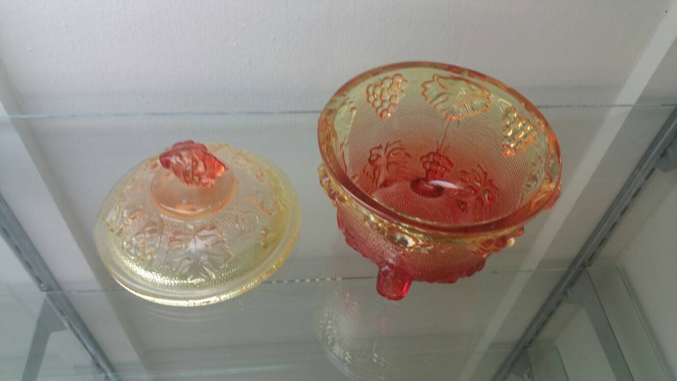 Goofus Glass, Footed Covered Bowl With Red, Pink and Yellow or Amberina ...