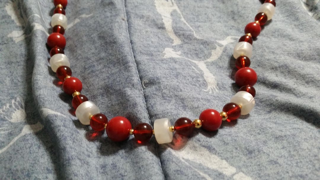 Dark and Ruby Red, White and Gold Toned 34 Inch Plastic Beaded Necklace ...