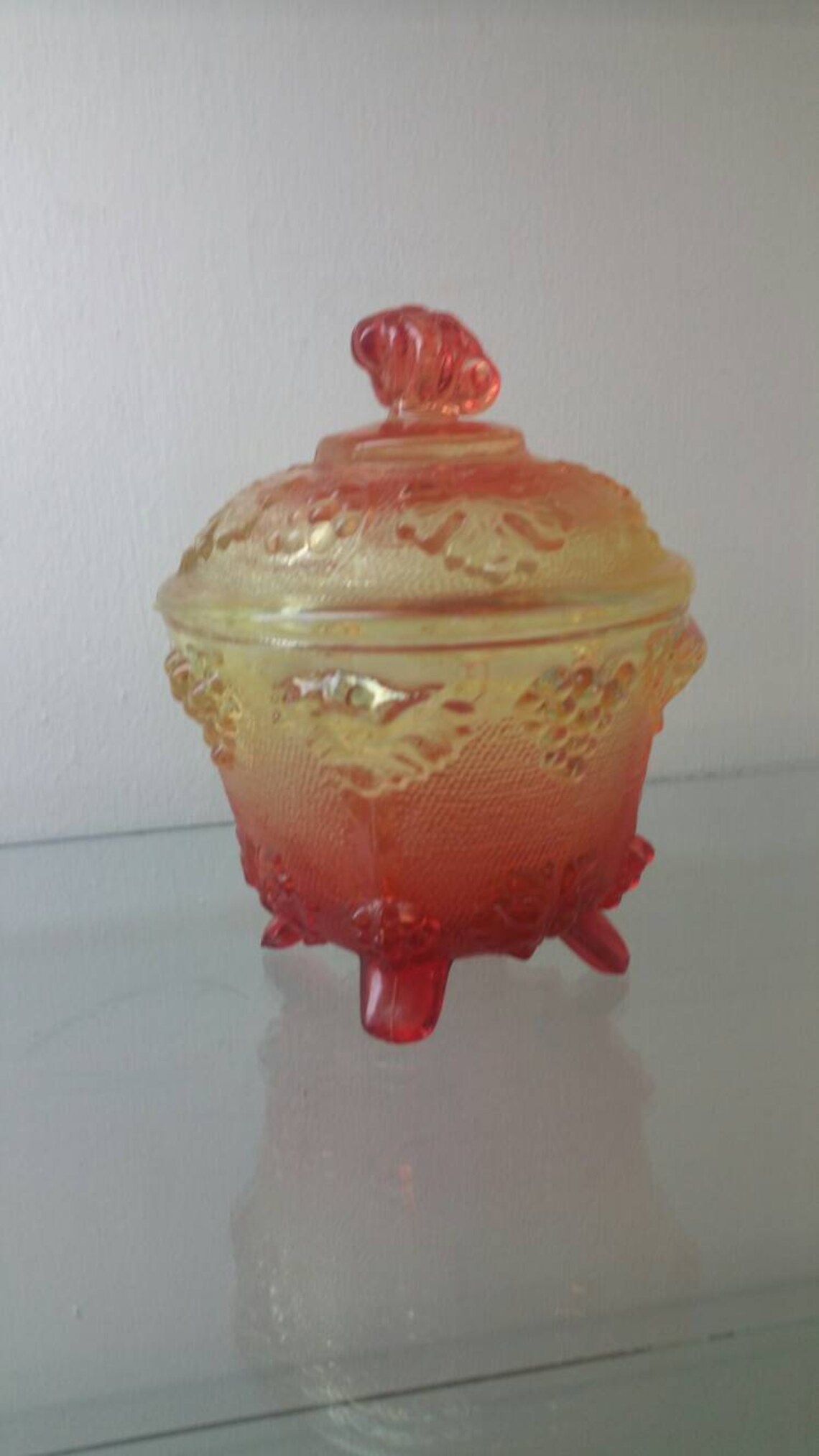 Goofus Glass, Footed Covered Bowl With Red, Pink and Yellow or Amberina ...