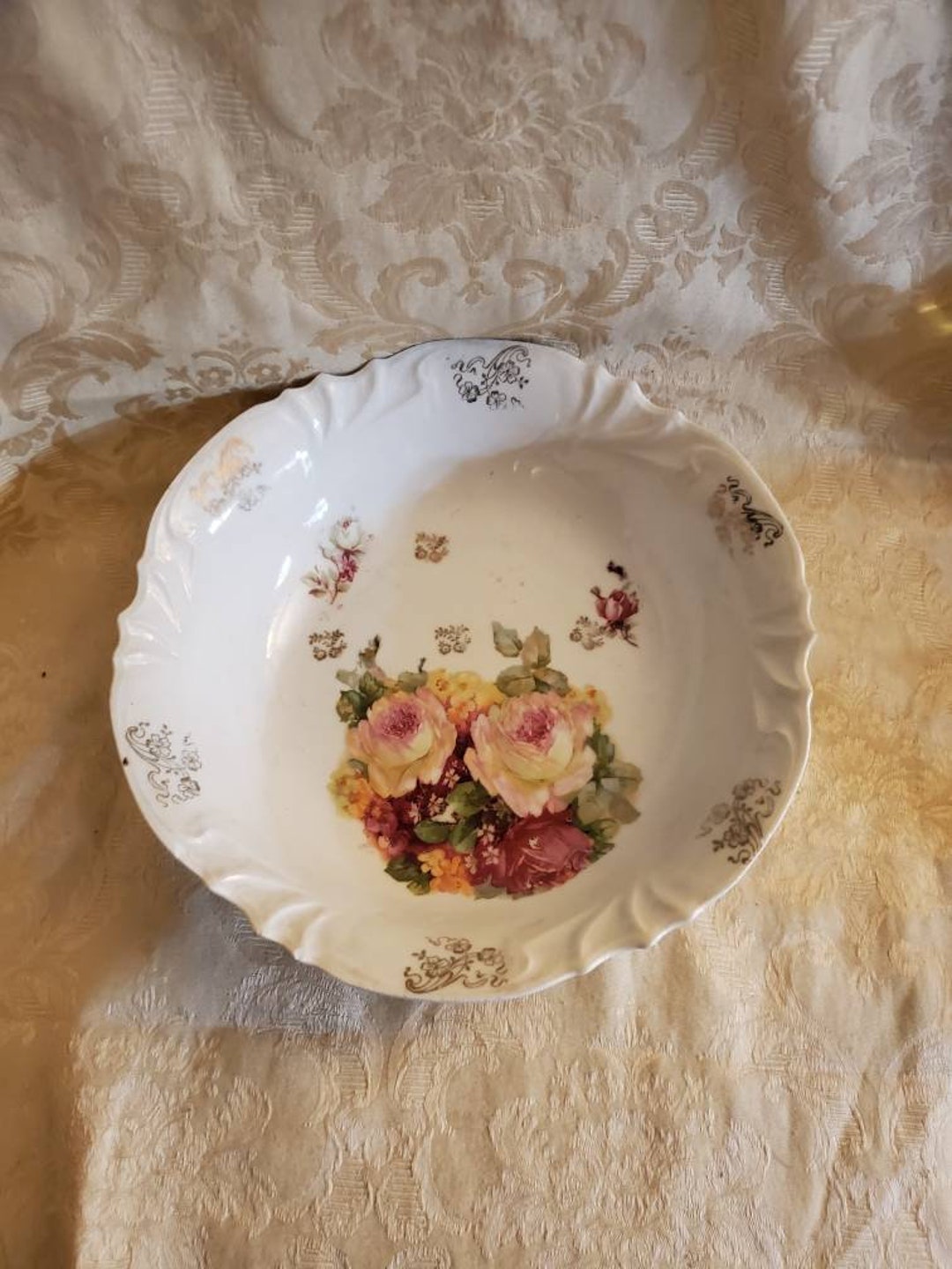 Iridescent Porcelain, Antique 10.50 Inch Rose Design Bowl, With Gold ...