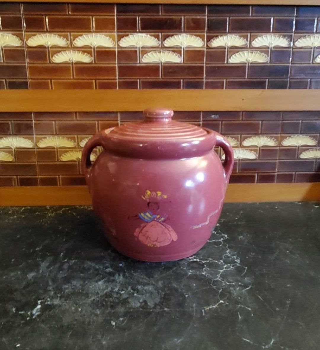 Large Rare Find, Carmen Miranda, Maroon Pottery, Covered Bean Pot or ...