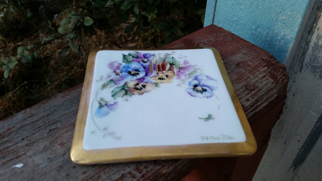 Royal Bavaria China Hand Painted Pansy Flower Square Tile Trivet, Hot ...