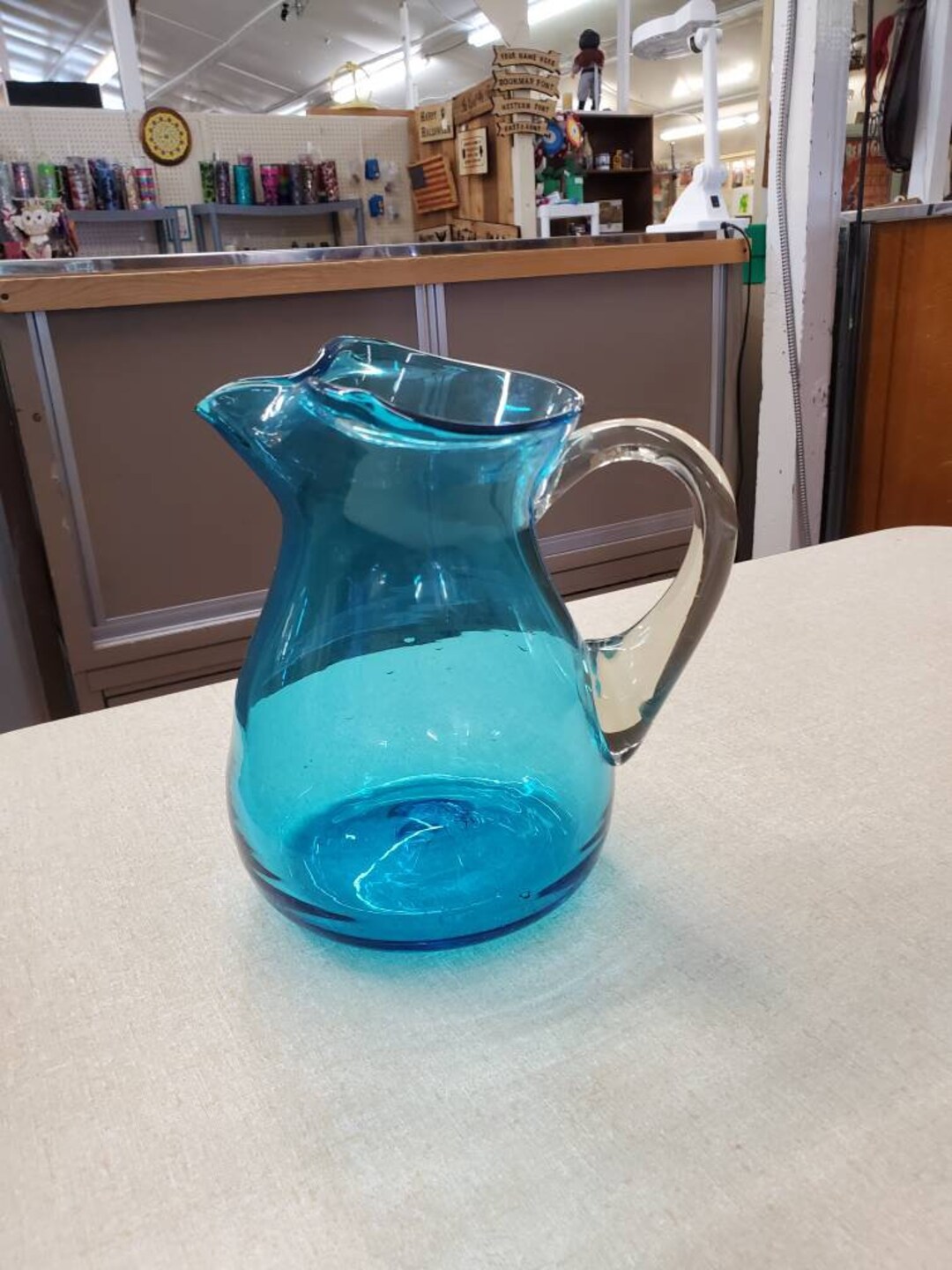 Handblown, Aqua Blue Glass, 2 Quart Water Pitcher, Clear Glass Handle ...