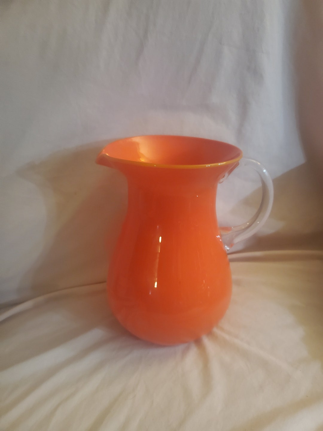 Houser Bright Orange and Clear Glass Large Water Pitcher, Mid Century ...