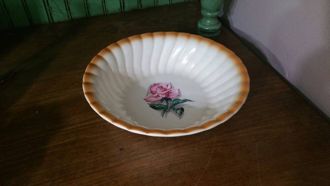 Homer Laughlin, Single Pink Rose 9 Inch Bowl With Ruffled Gold Toned ...