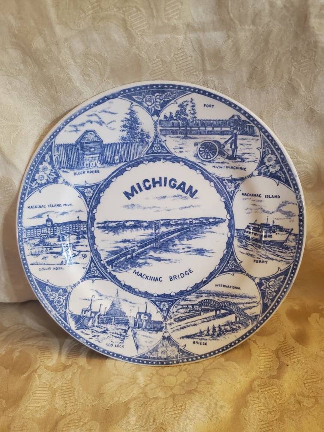Made in Japan, Blue Transferware, 9.10 Inch Michigan, Mackinac Bridge ...