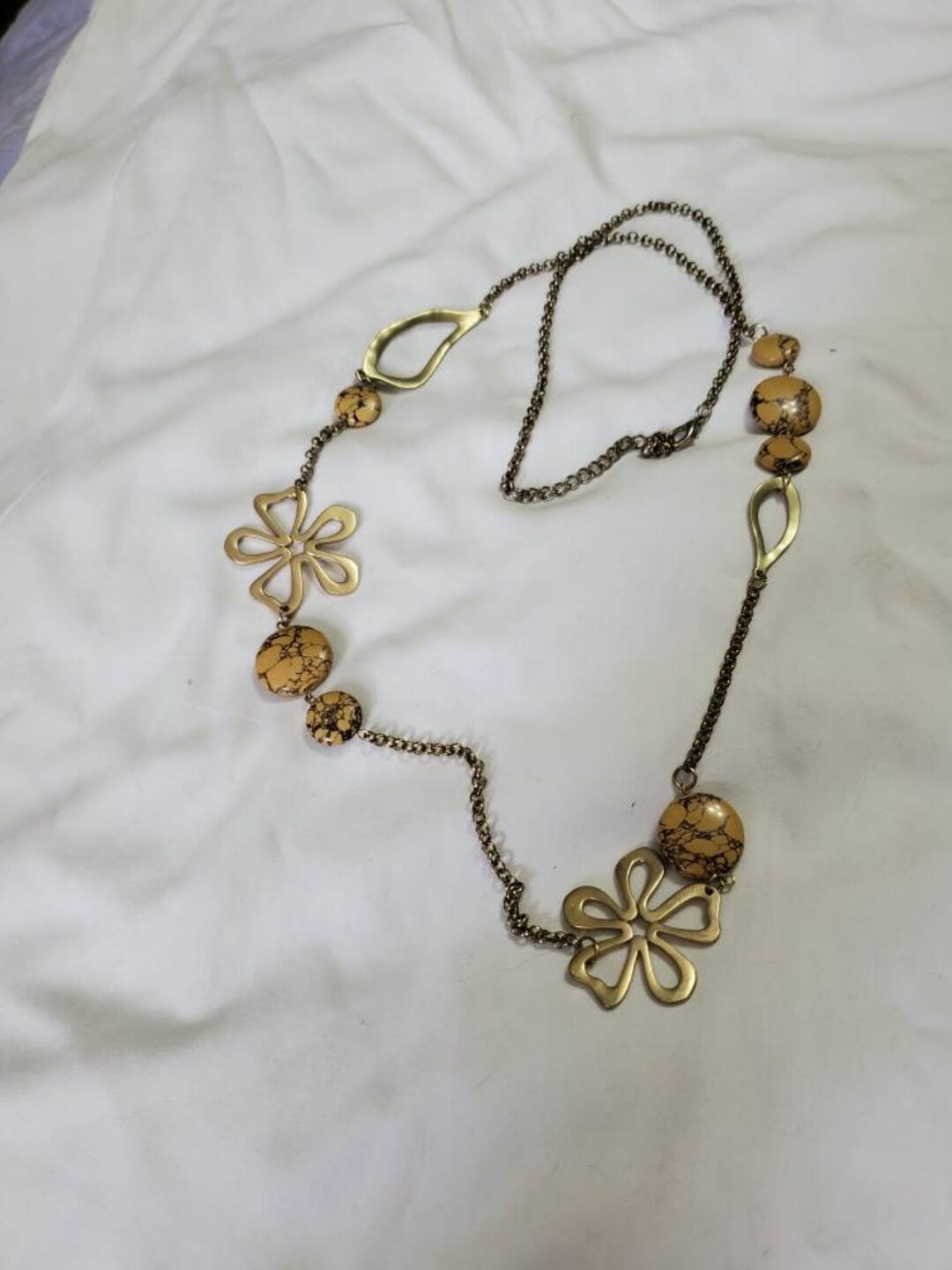 Gold Toned Chain, With Flowers and Faux Beige Stone Beads, 36 Inch ...
