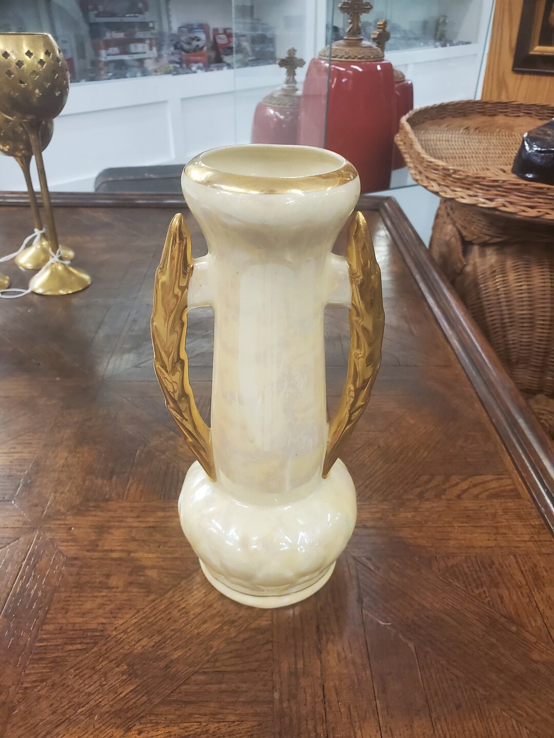Vintage Pearlized White and Gold Painted, Winged Vase, Wedding Decor ...