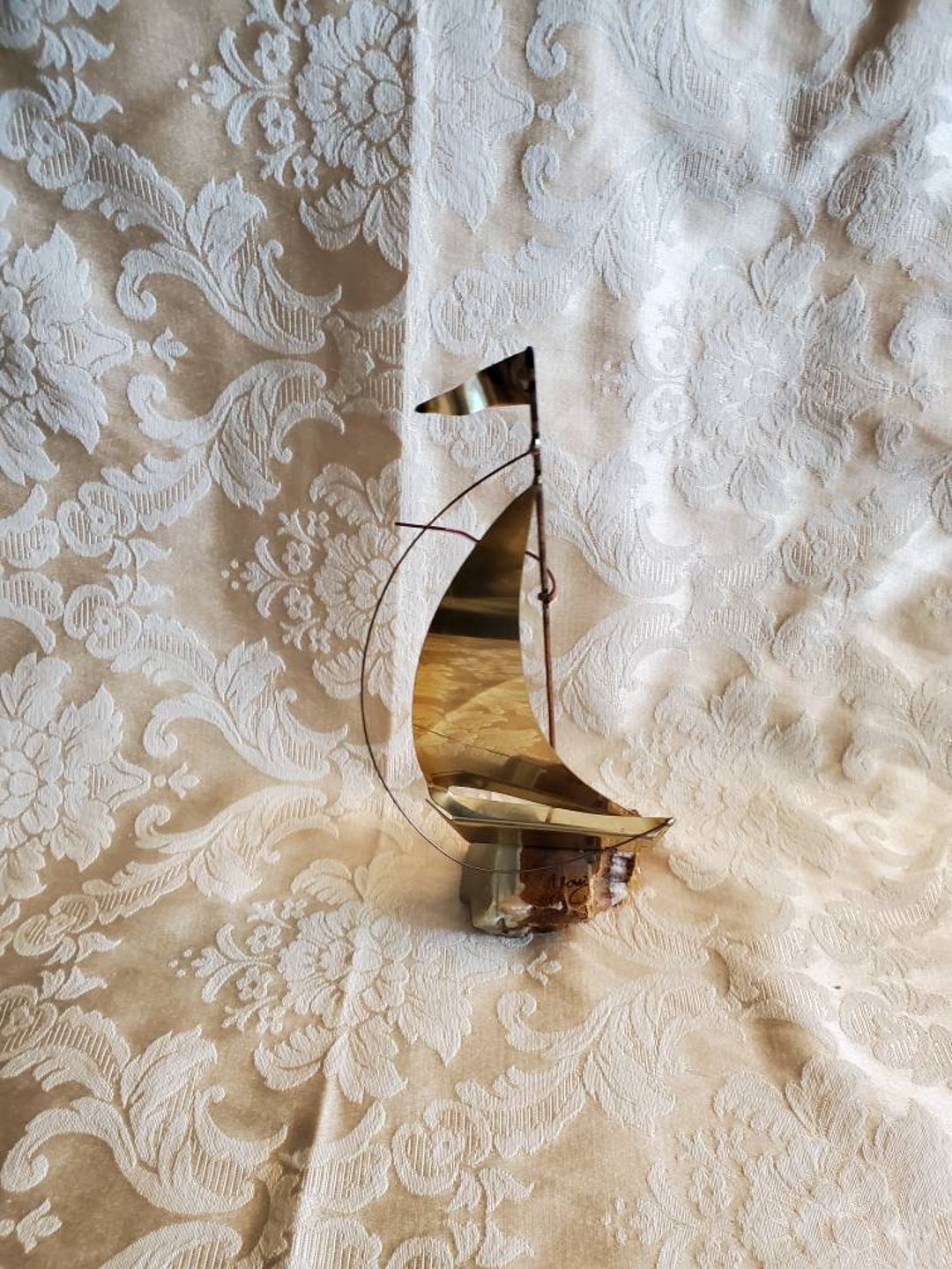 Signed, Yosi Brass and Alabaster Stone Sailboat Sculpture, Nautical ...