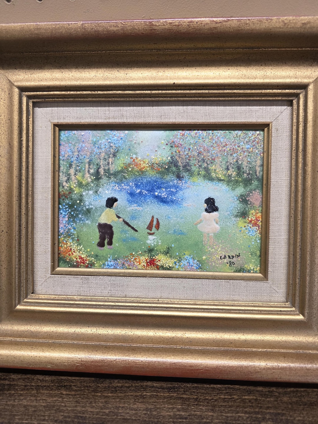 Signed 1980 Louis Cardin, Enamel on Copper, Children Playing, 6.50 Inch ...