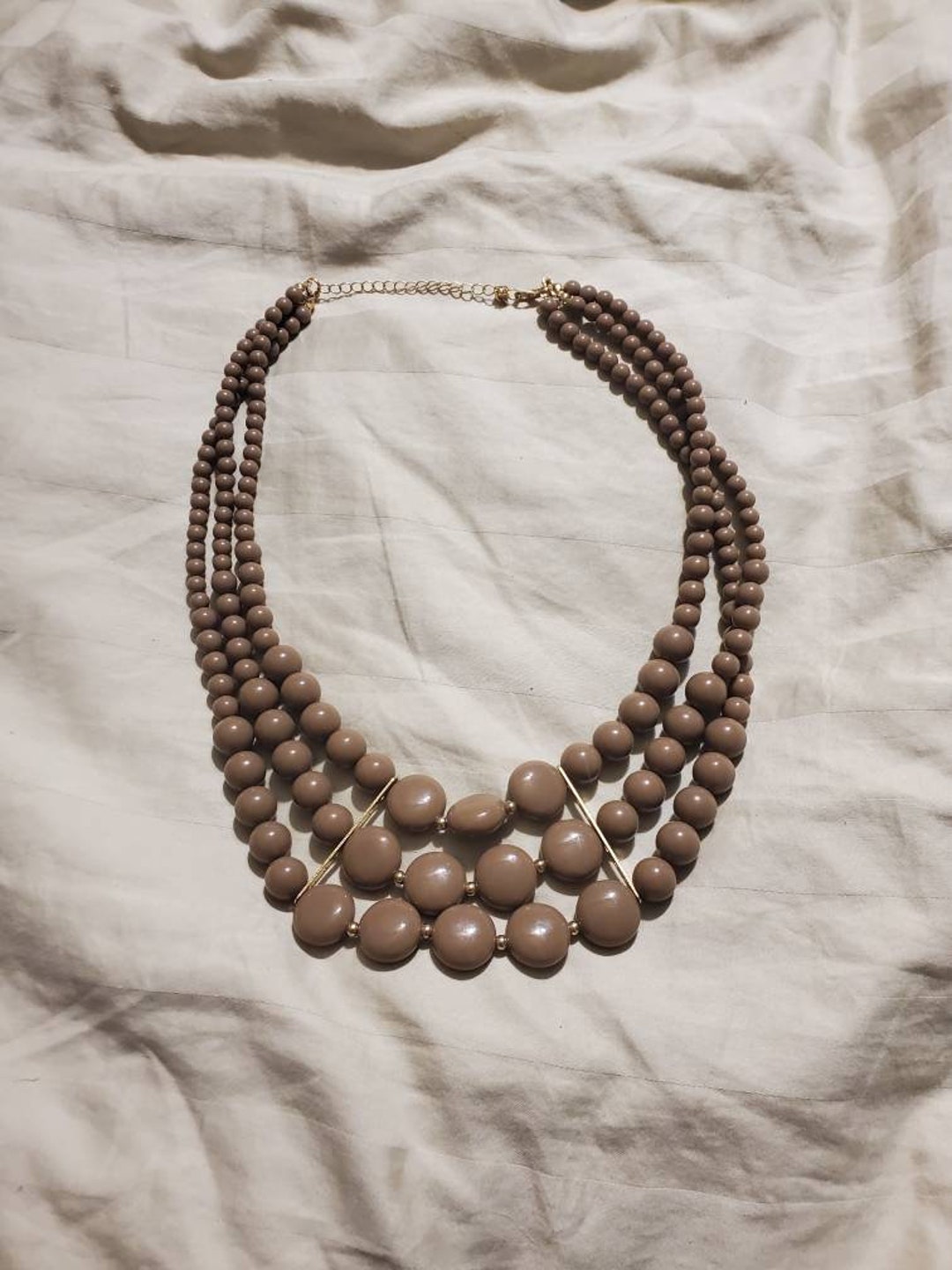 Beige Expanding Plastic Bead, 22 Inch, Triple Strand Necklace, Costume ...
