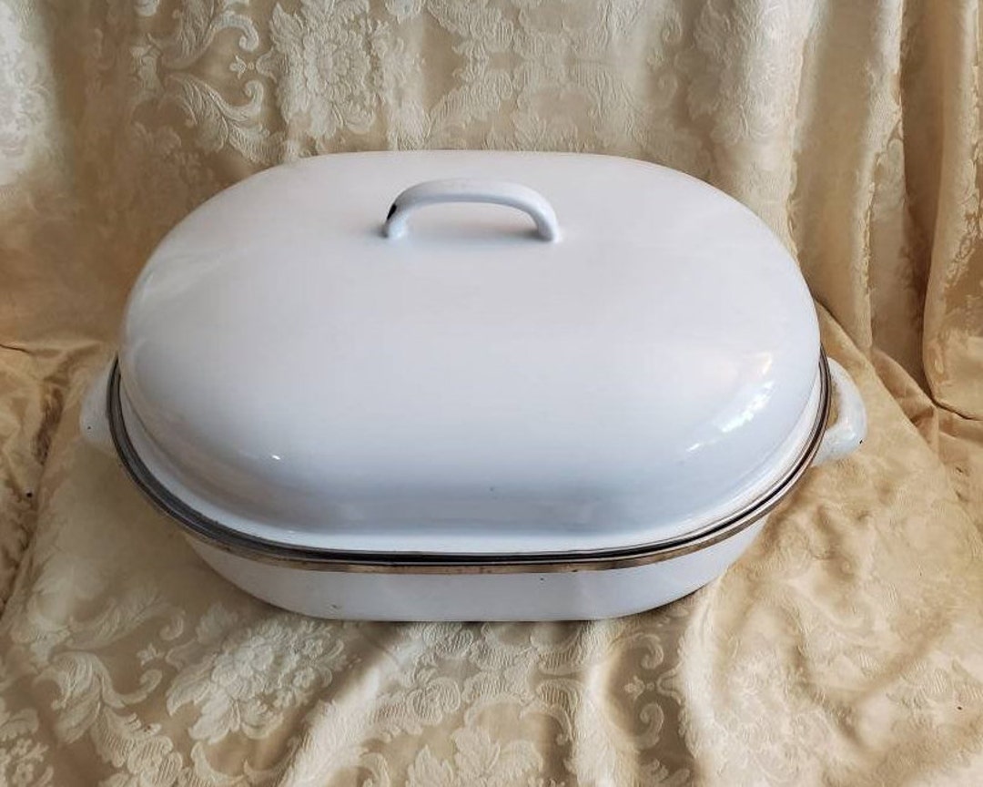Rustic Farmhouse, White and Silver Chrome, Large Oval Enamel Pan ...
