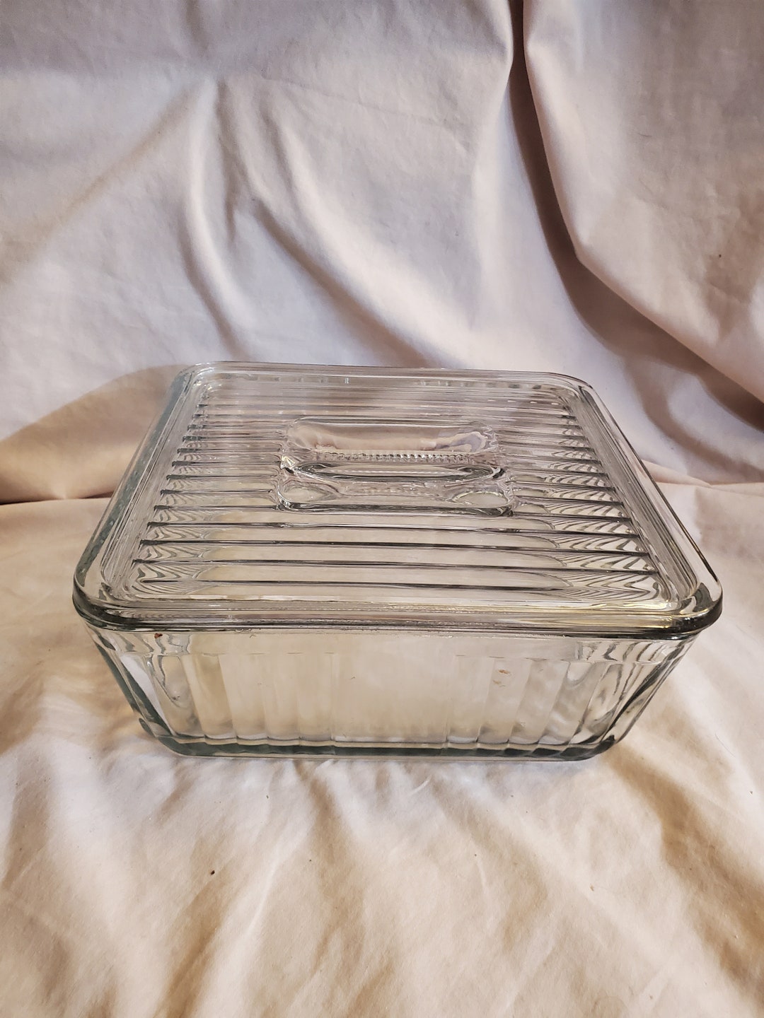 Clear Depression Glass Anchor Hocking Square Ribbed Refrigerator ...