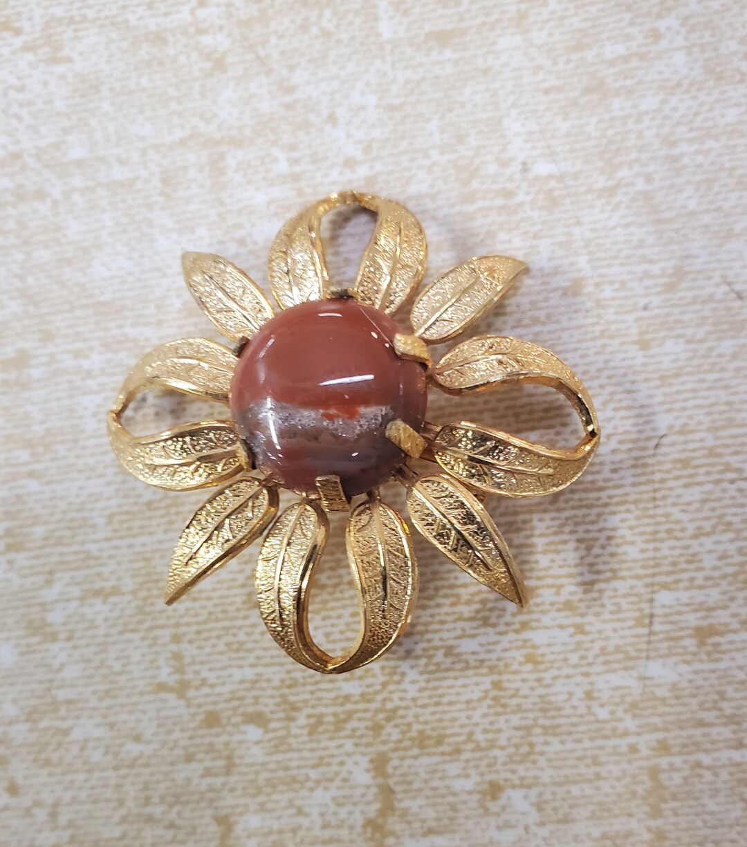 Jasper Stone and Gold Toned Metal, 1.25 Inch Flower Pendant and Brooch ...