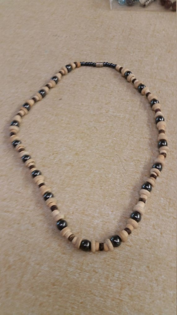 Wooden Bead Island Statement Ethnic Necklace Offset T… - Gem