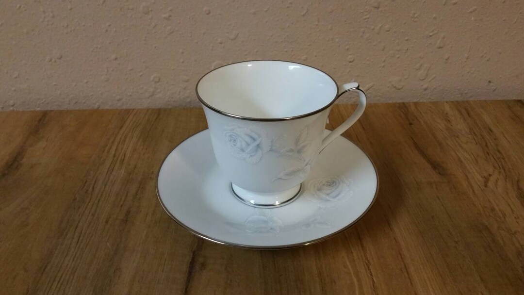 Noritake Virtue, Tea Cup and Saucer, White/blue Roses, Platinum Trim ...