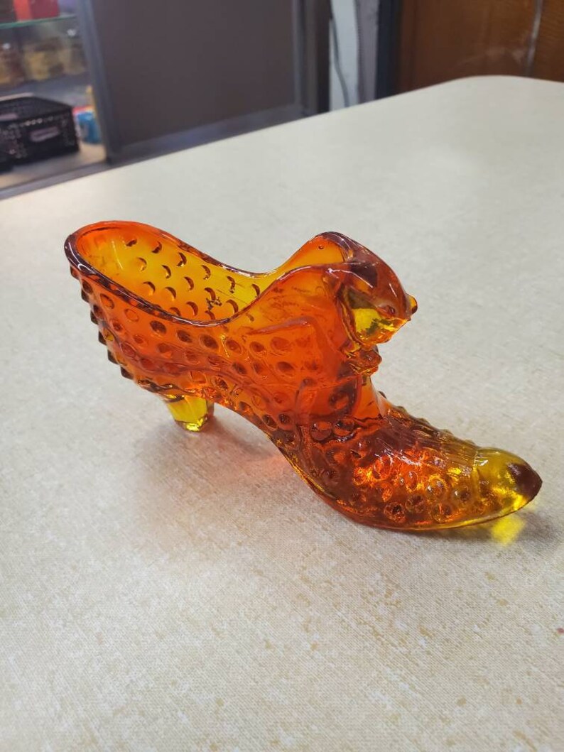 Signed Fenton Glass, Amberina Shoe With Cat Face, Hobnail Design ...