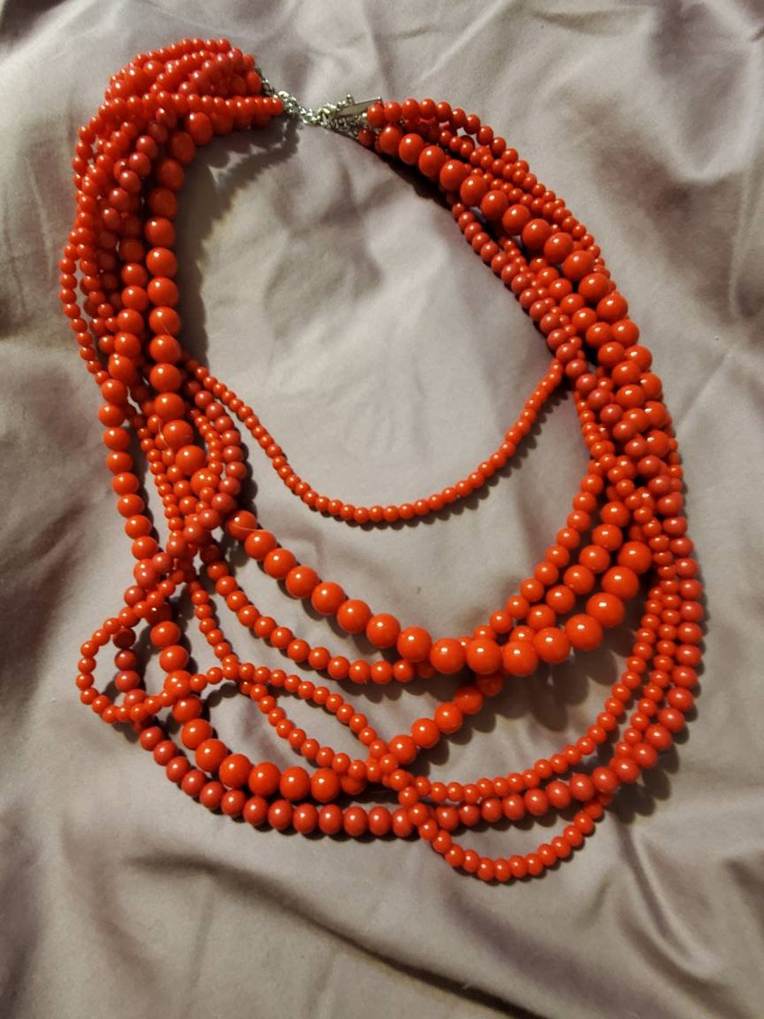 7 Strand Bright Red Bead, Multi Strand 36-inch Necklace, Silver Toned ...