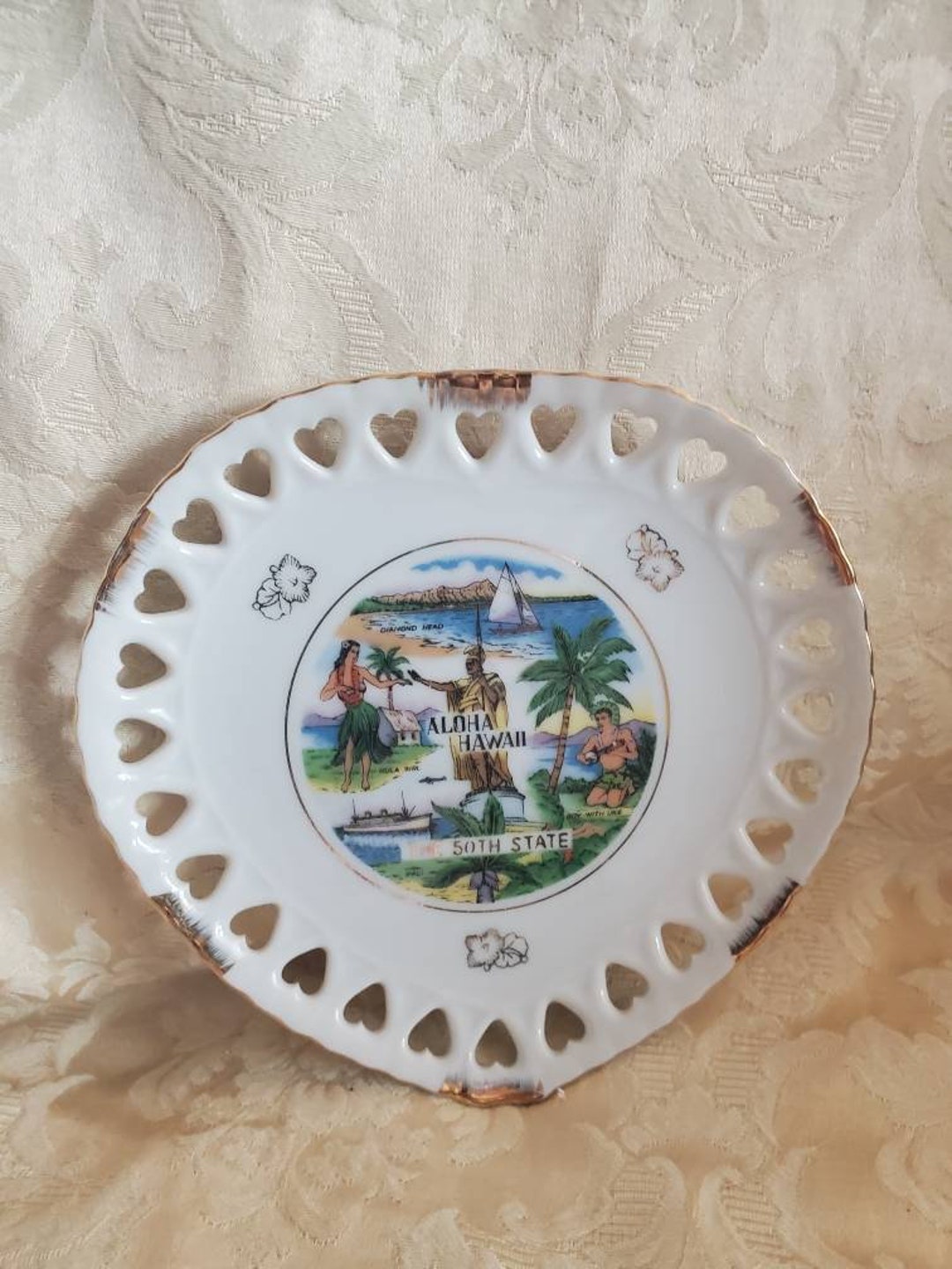 Heart Shaped, Open Lace Pattern, Aloha Hawaii, 7.25 Inch Porcelain ...