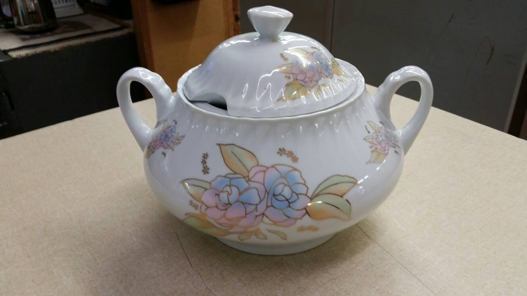 Gural Porcelain White and Gold Soup Tureen With Blue and Purple Roses ...