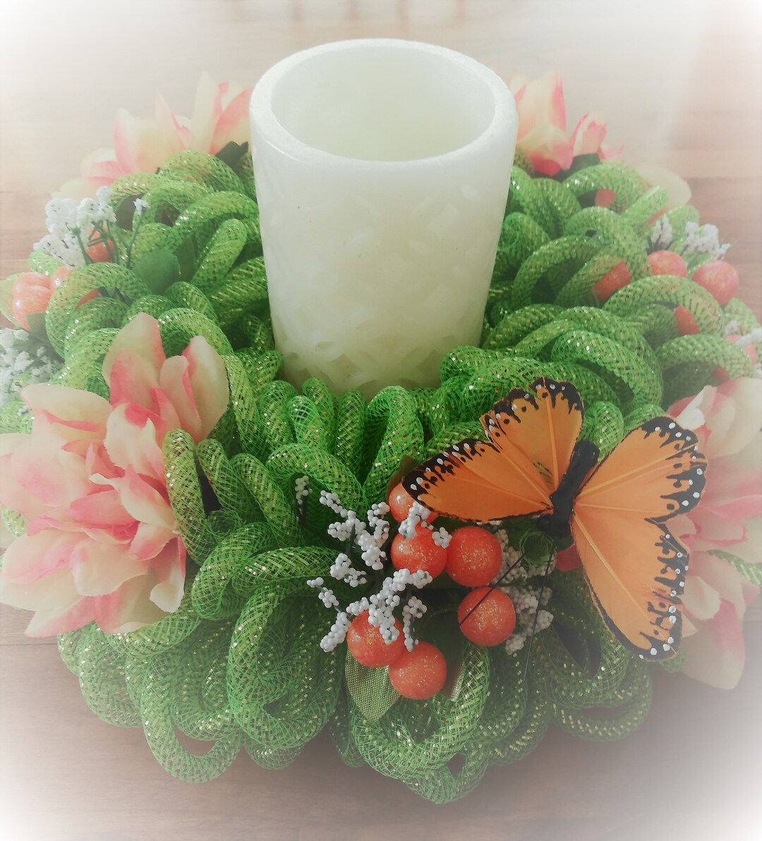 Spring Centerpiece/candle Holder With Bright Green Mesh Tubing, Orange ...