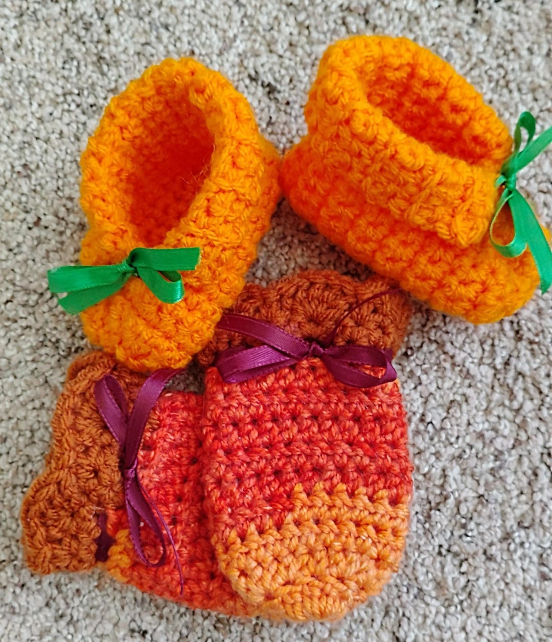 Crocheted Pumpkin Baby Booties and Mittens Set: Orange Fall Colors - Etsy