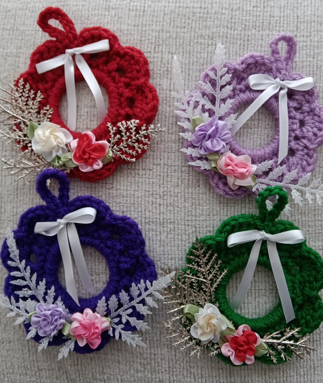 Crocheted Wreath Ornament/gift Tag Set of 4 in Red, Green, Purple and ...