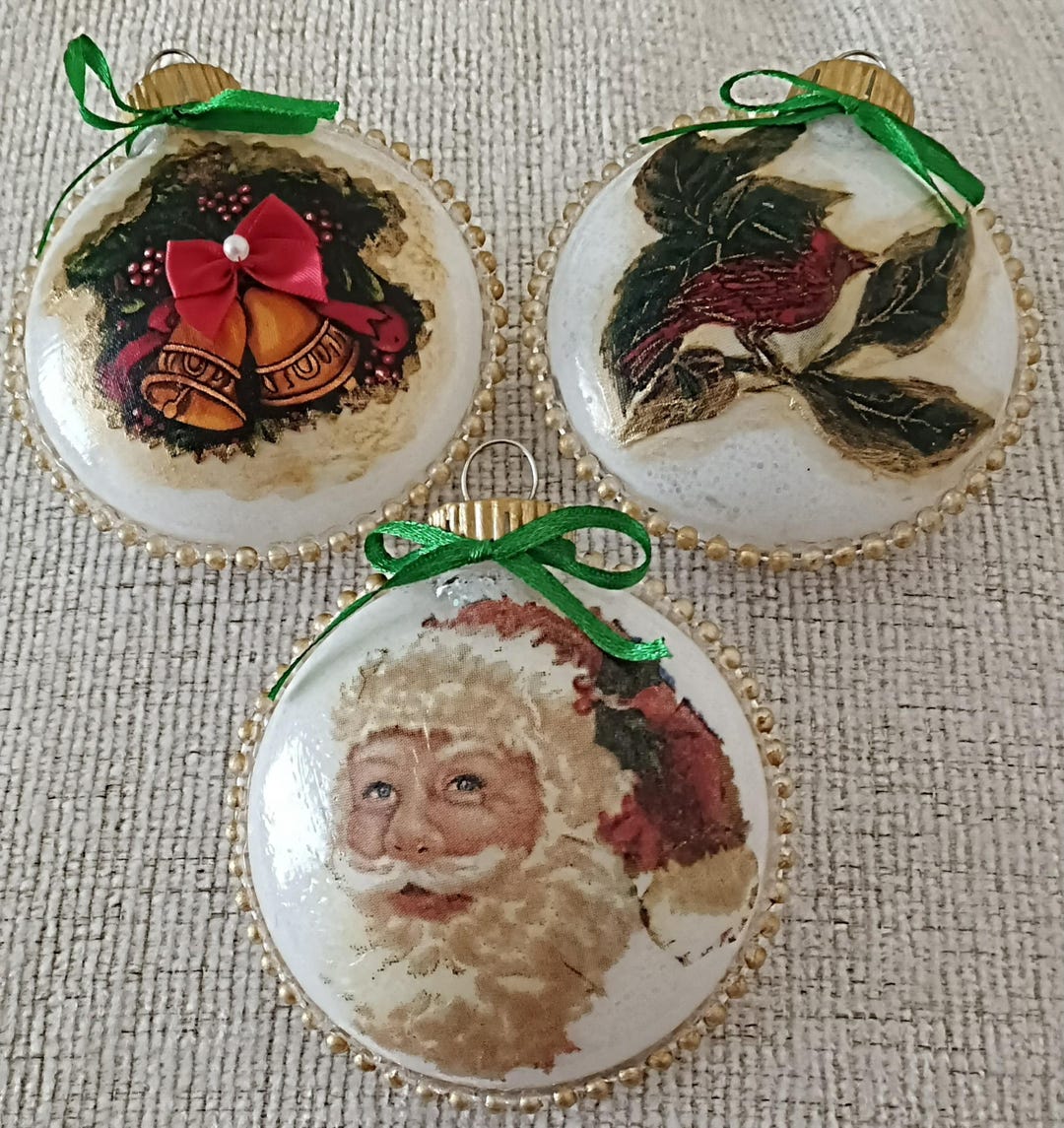 Handmade Old Fashioned Santa, Cardinal and Bells Christmas Ornament Set ...
