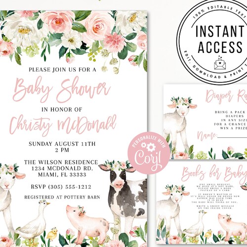 EDITABLE Farm Baby Shower Invitation Template Set Barn - Etsy