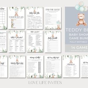 Teddy Bear Baby Shower Games Bundle, Boy Baby Shower Game Bundle, Bingo ...