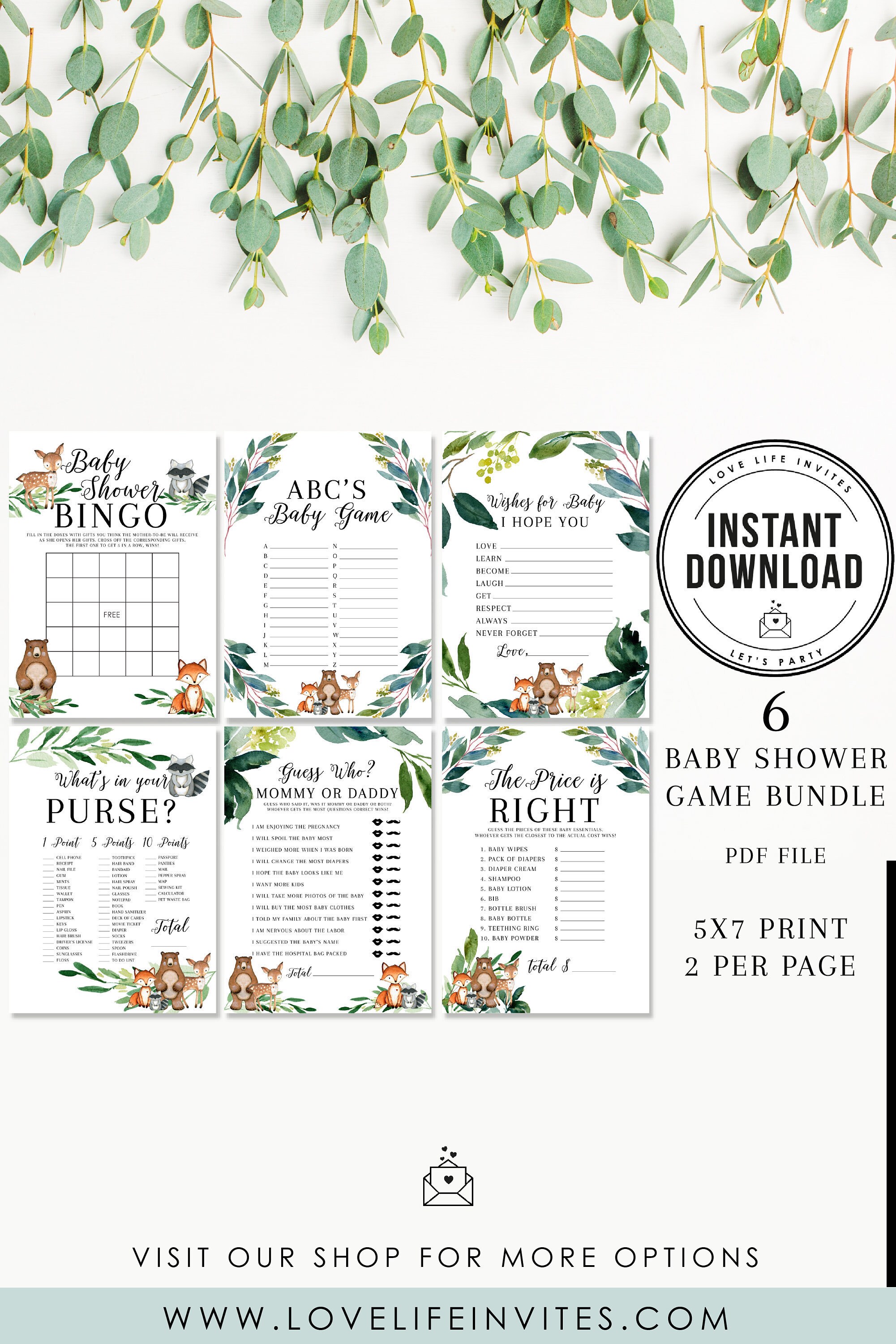Woodland Baby Shower Games, Virtual Forest Baby Shower Game Bundle ...