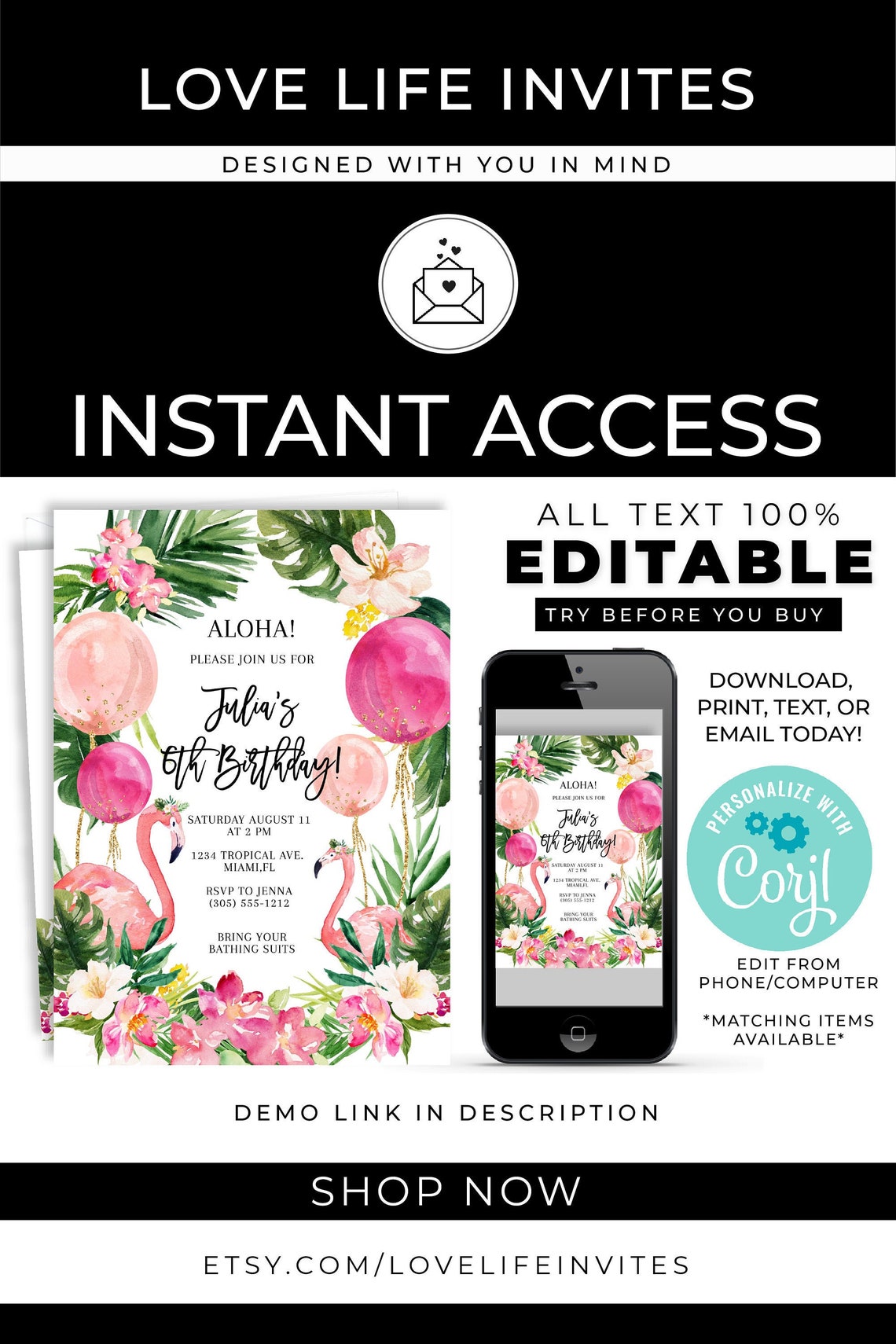 Flamingo Birthday Invitation, Flamingo Birthday Invite, Tropical ...