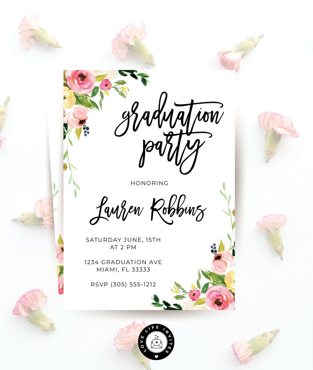 Pink Floral Graduation Invitation, Grad Party Invitation Template ...