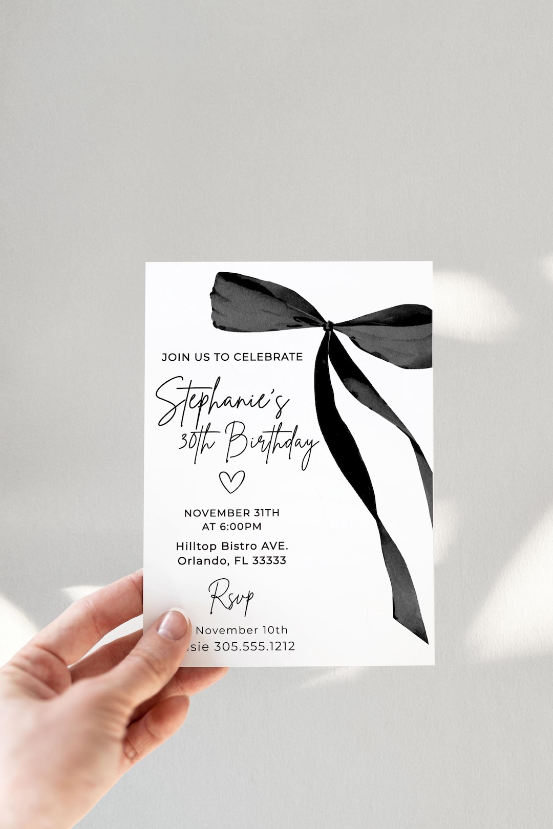 Black Bow Birthday Invitation, Watercolor Black Bow Elegant Birthday ...