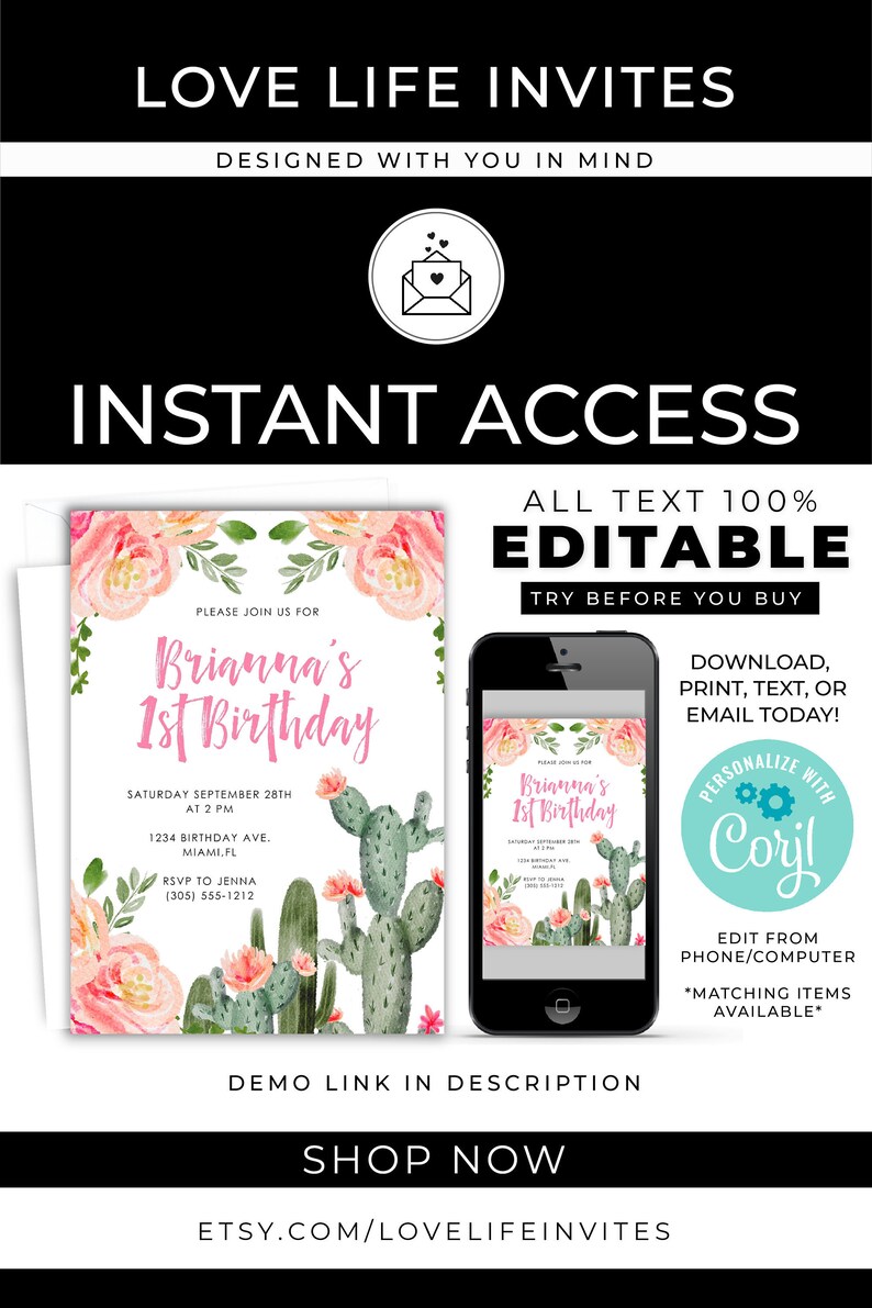 Floral Cactus Birthday Party Invitation Template Editable - Etsy