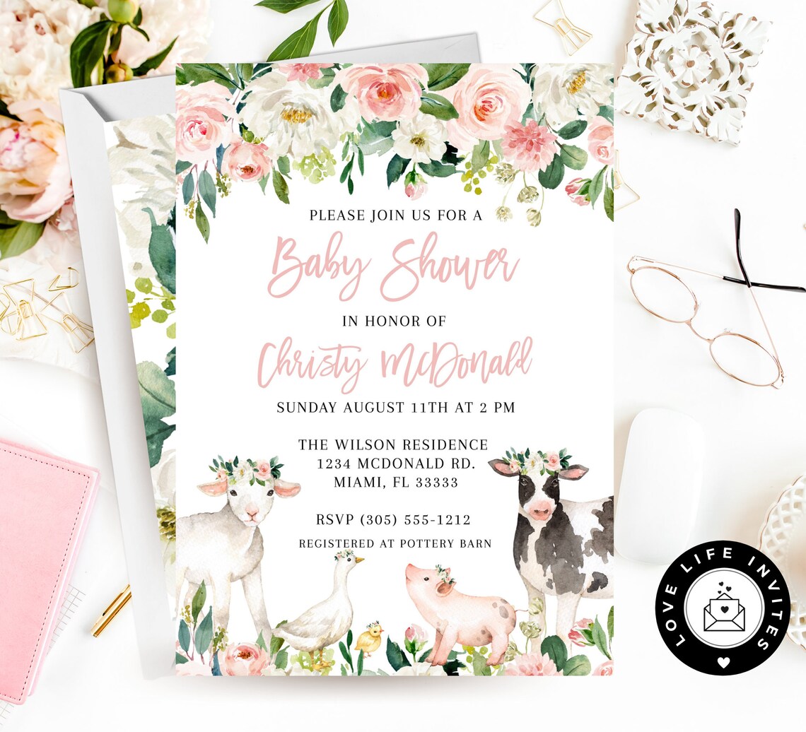 Farm Baby Shower Invitation Girl Baby Shower Invitation Pink - Etsy