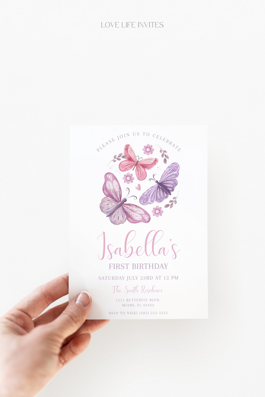 Butterfly Birthday Invitation, Pastel Pink Purple Butterflies 1st ...